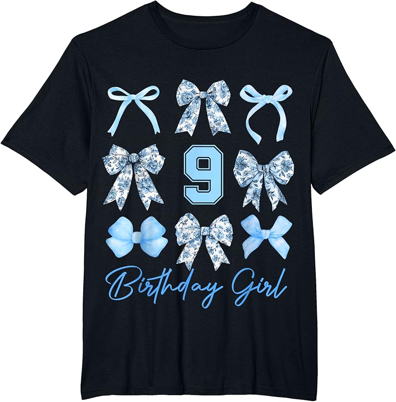 9th Birthday Girl Blue Toile Coquette Bow 9 Year Old Family T-Shirt ...